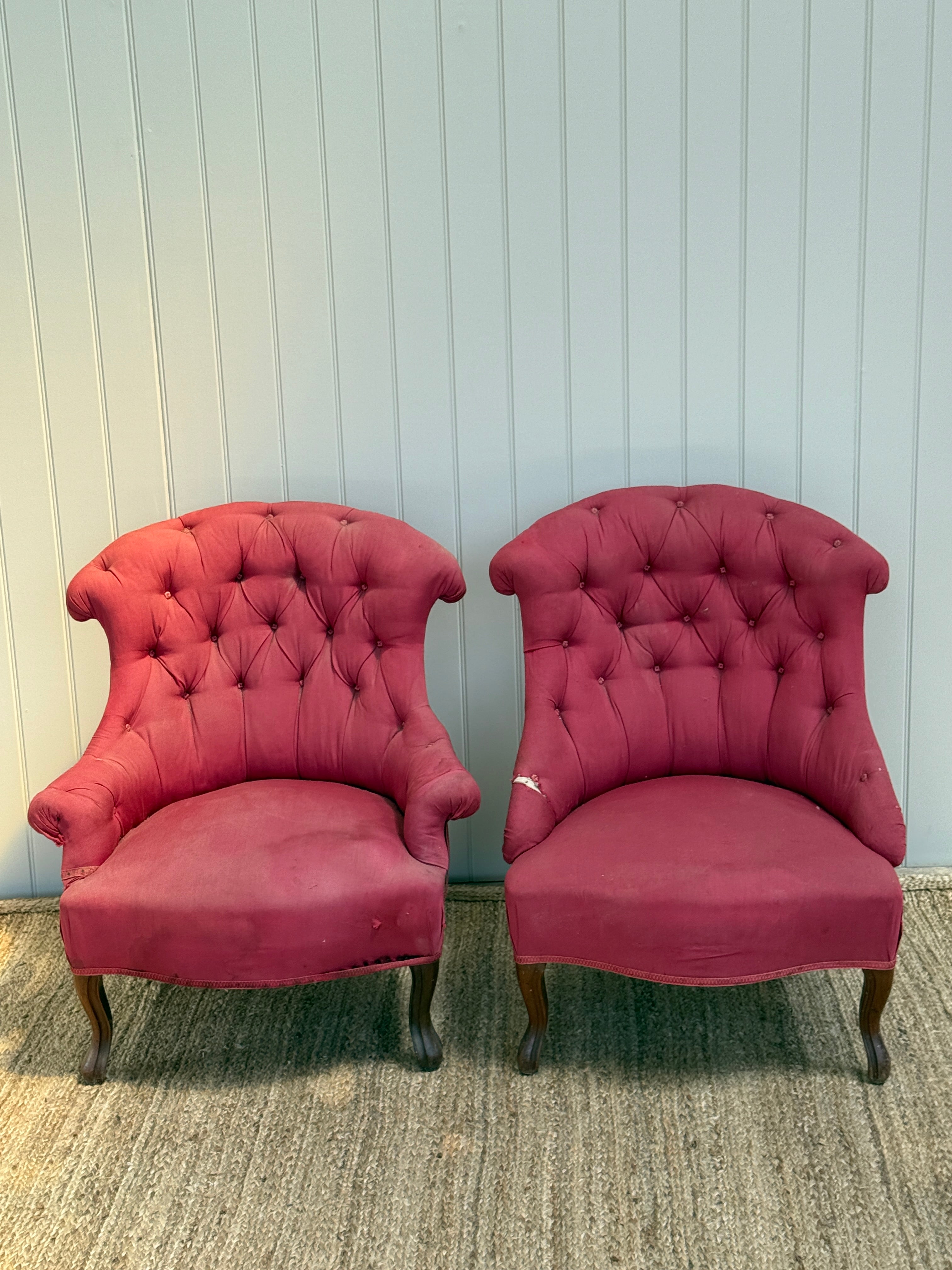 Pair of Red Linen Button Back Slipper Chairs
