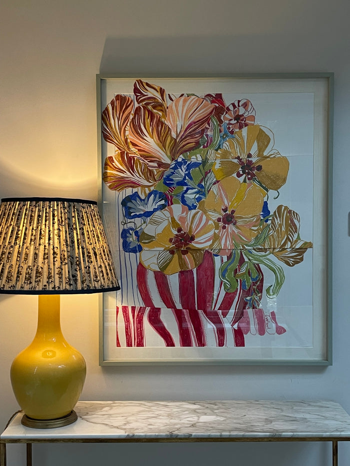 Candy Striped Pot Floral Painting- Oil Pastel Collaged by Isabel Fishl