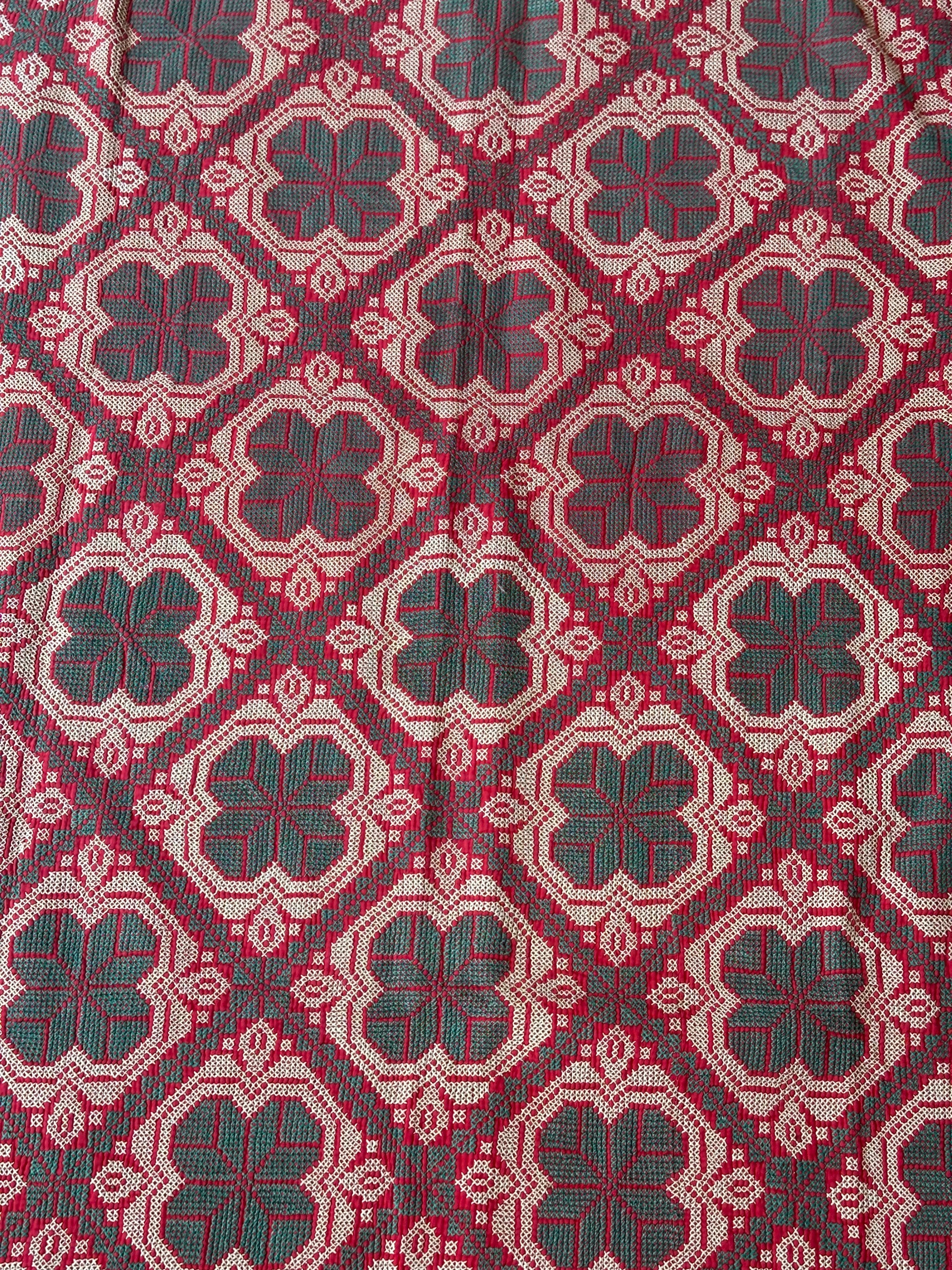 Green and Red Handmade Bengal Quilt with Lace Trim