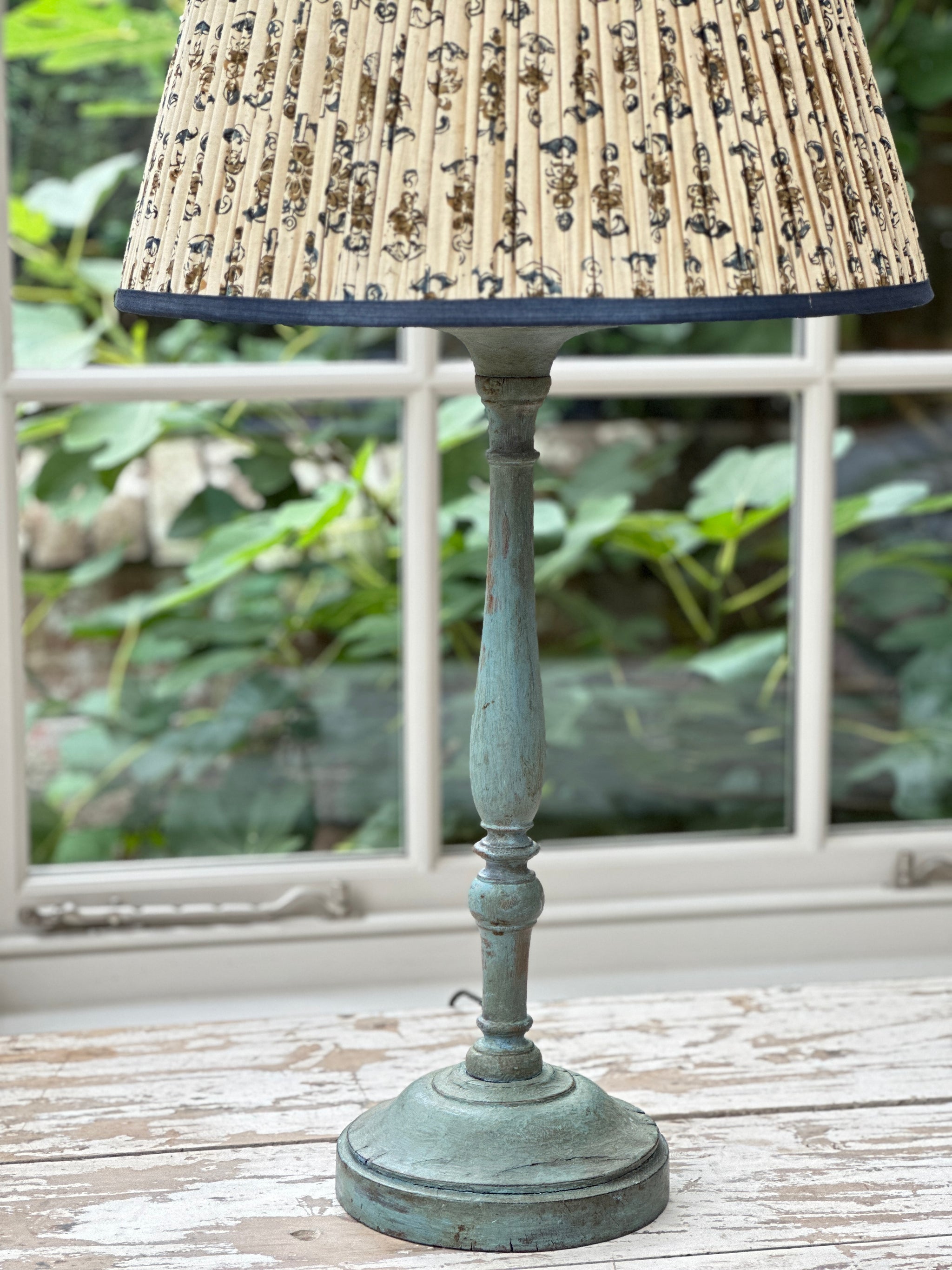 Faded Blue Painted Pricket Stick Converted to Table Lamp